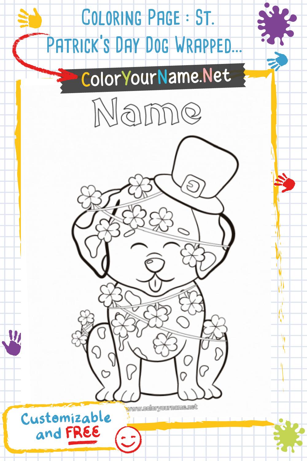 Coloring Page : St. Patrick's Day Dog Wrapped in a Garland of Shamrocks