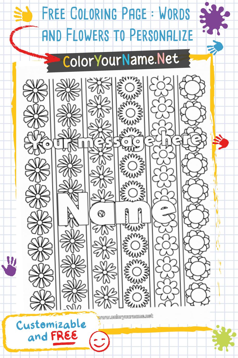 Free Coloring Page : Words and Flowers to Personalize