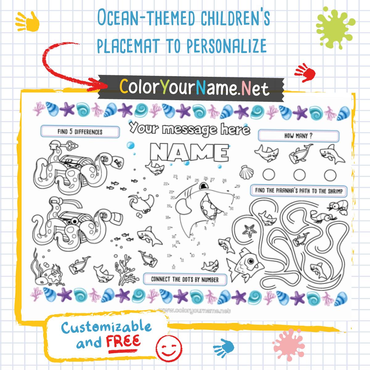 Ocean-themed children's placemat to personalize