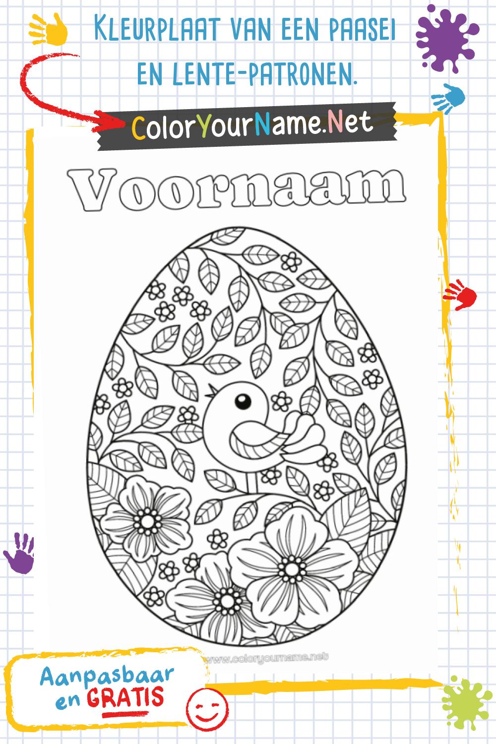 Kleurplaat van een paasei en lente-patronen.