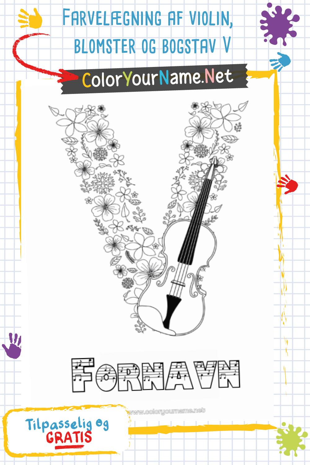Farvelægning af violin, blomster og bogstav V