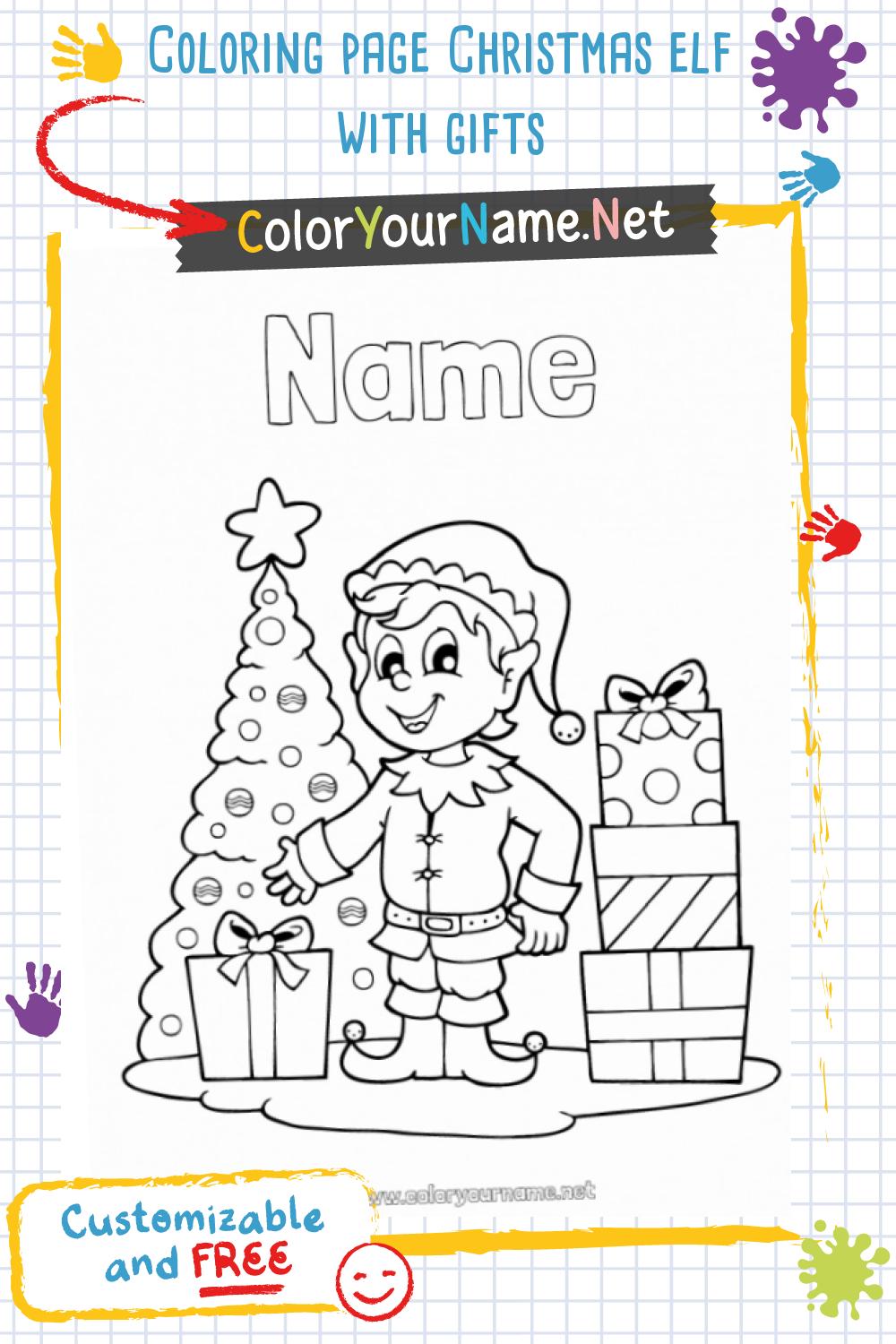 Coloring page Christmas elf with gifts