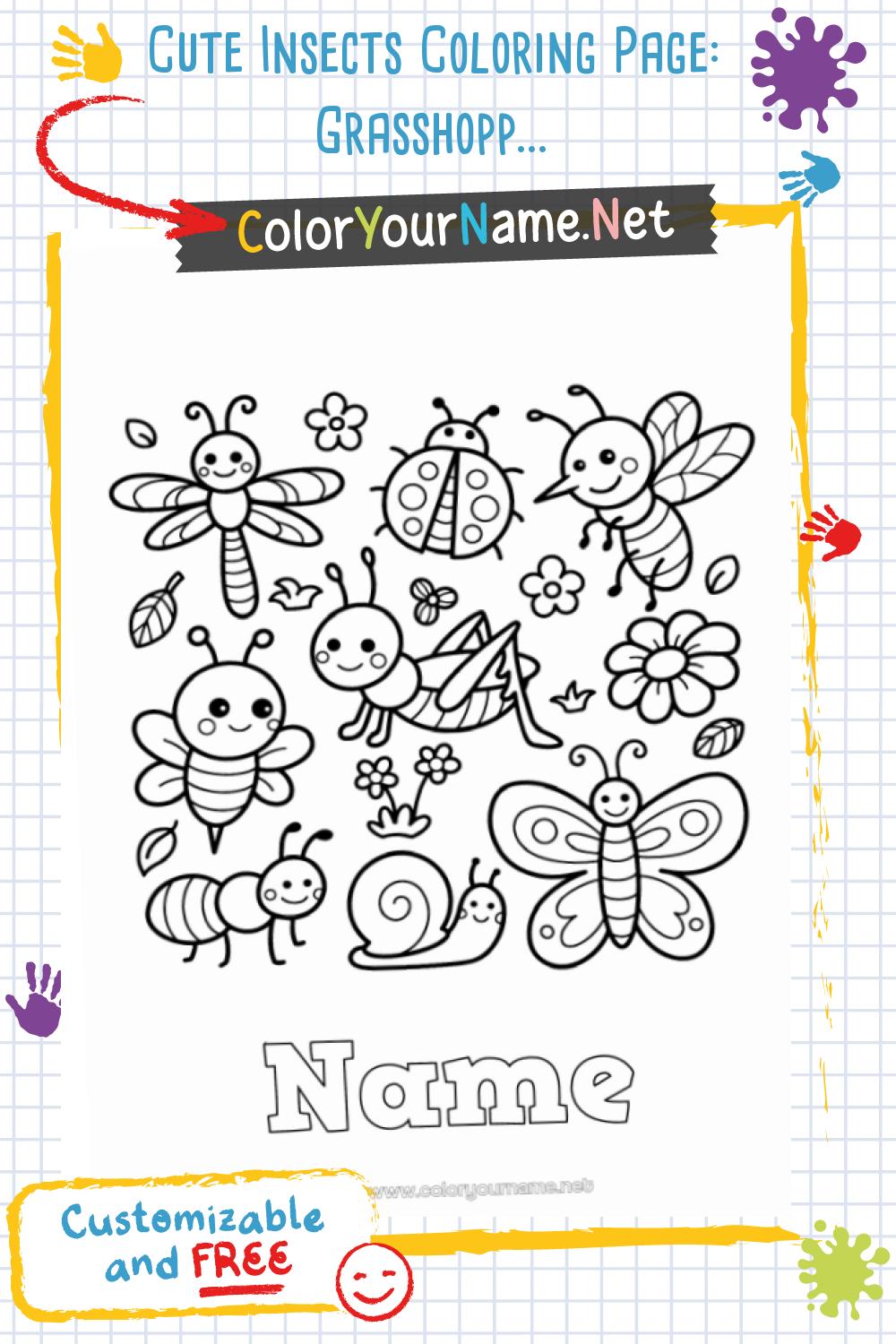 Cute Insects Coloring Page: Grasshopper, Mosquitoes...