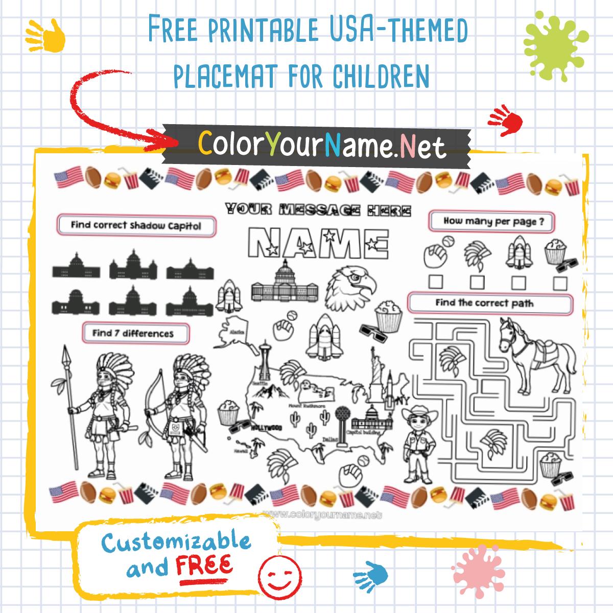 Free printable USA-themed placemat for children