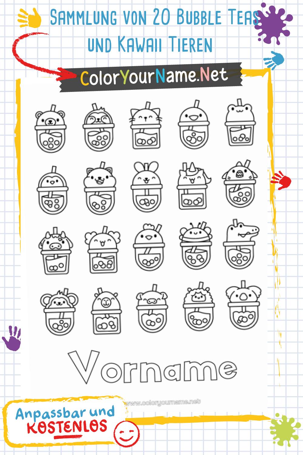 Sammlung von 20 Bubble Teas und Kawaii Tieren