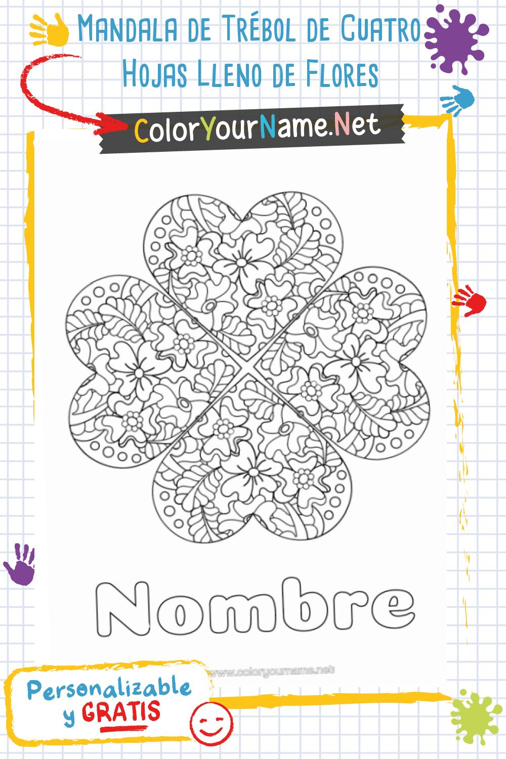 Mandala de Trébol de Cuatro Hojas Lleno de Flores
