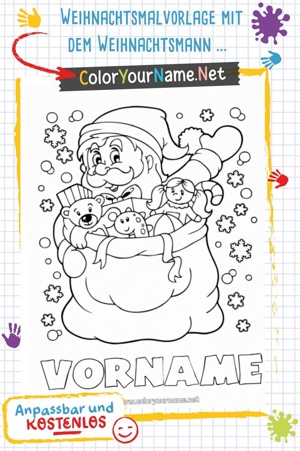 Weihnachtsmalvorlage mit dem Weihnachtsmann und einem vollgepackten Sack