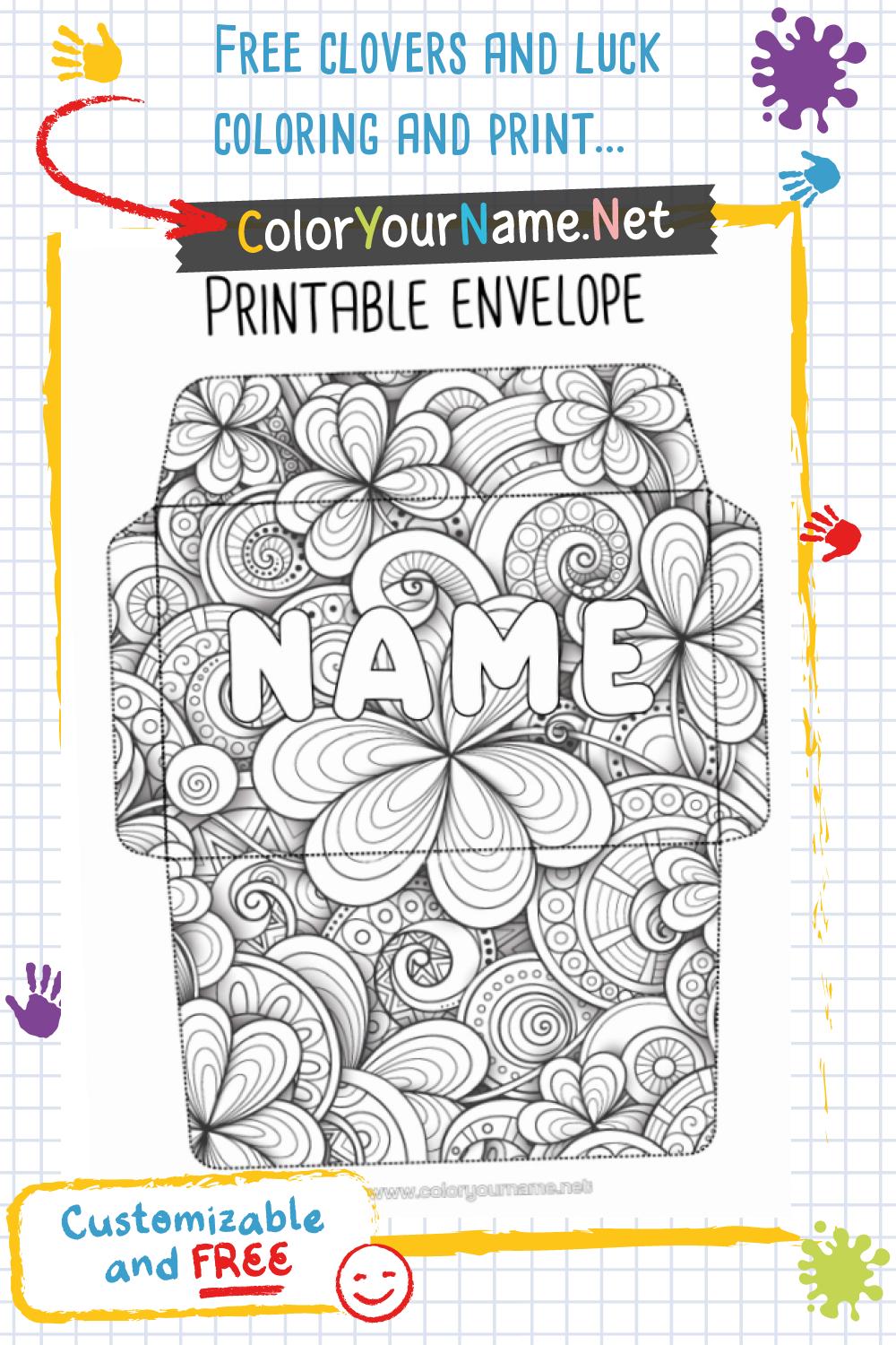Free clovers and luck coloring and printing envelope
