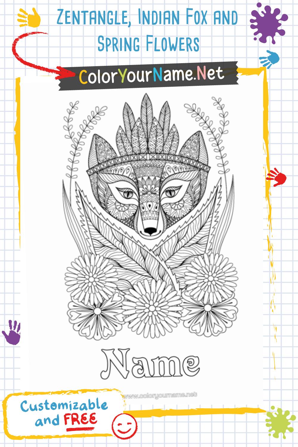 Zentangle, Indian Fox and Spring Flowers