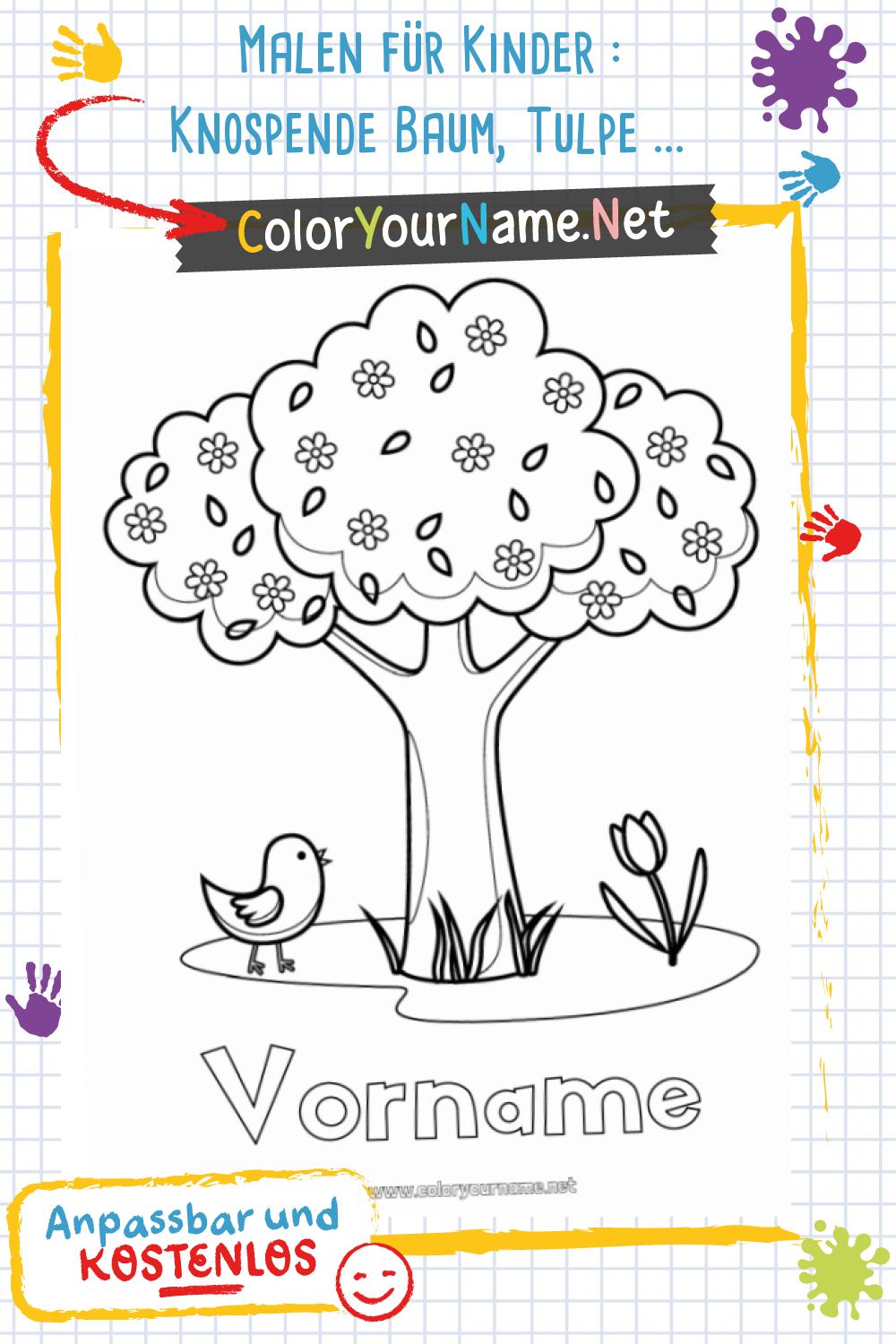 Malen für Kinder : Knospende Baum, Tulpe und Vogel