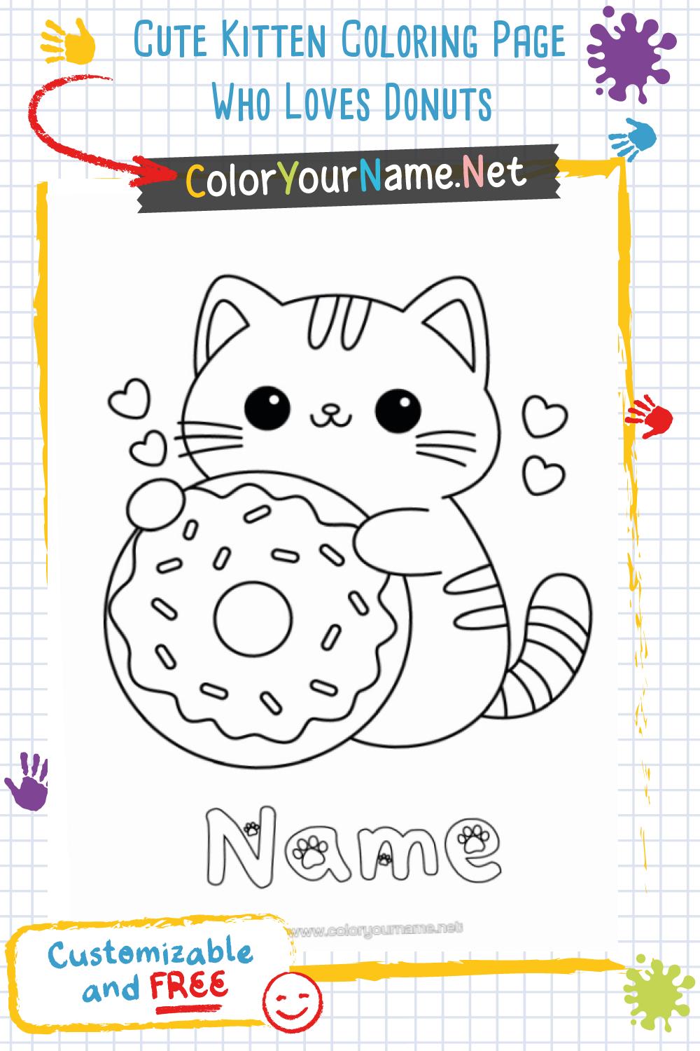 Cute Kitten Coloring Page Who Loves Donuts