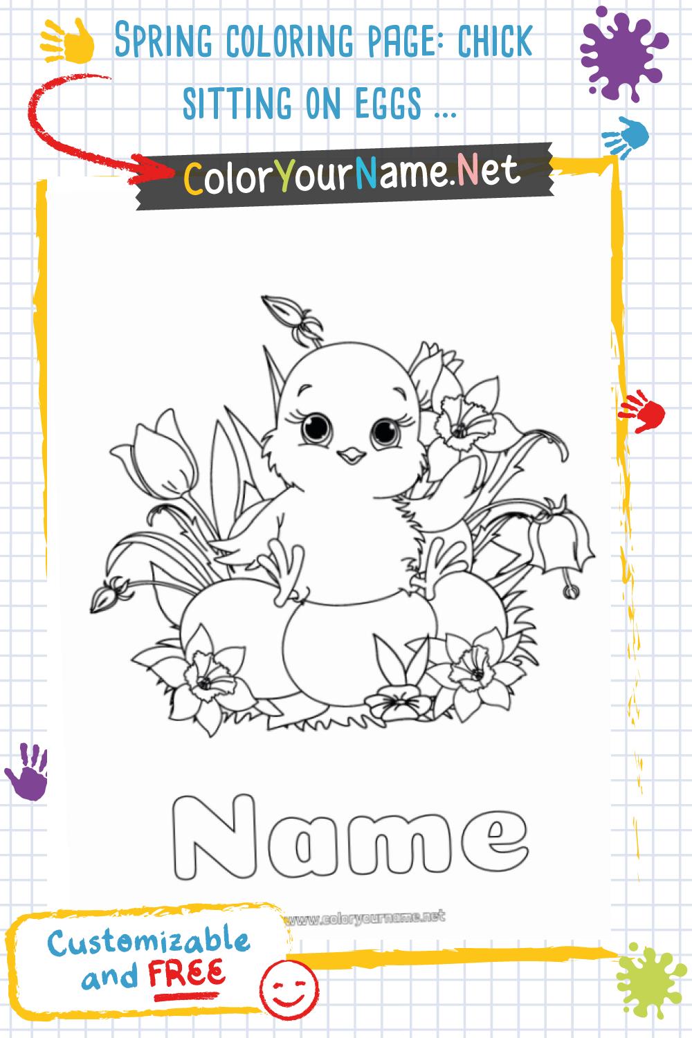 Spring coloring page: chick sitting on eggs and surrounded by flowers