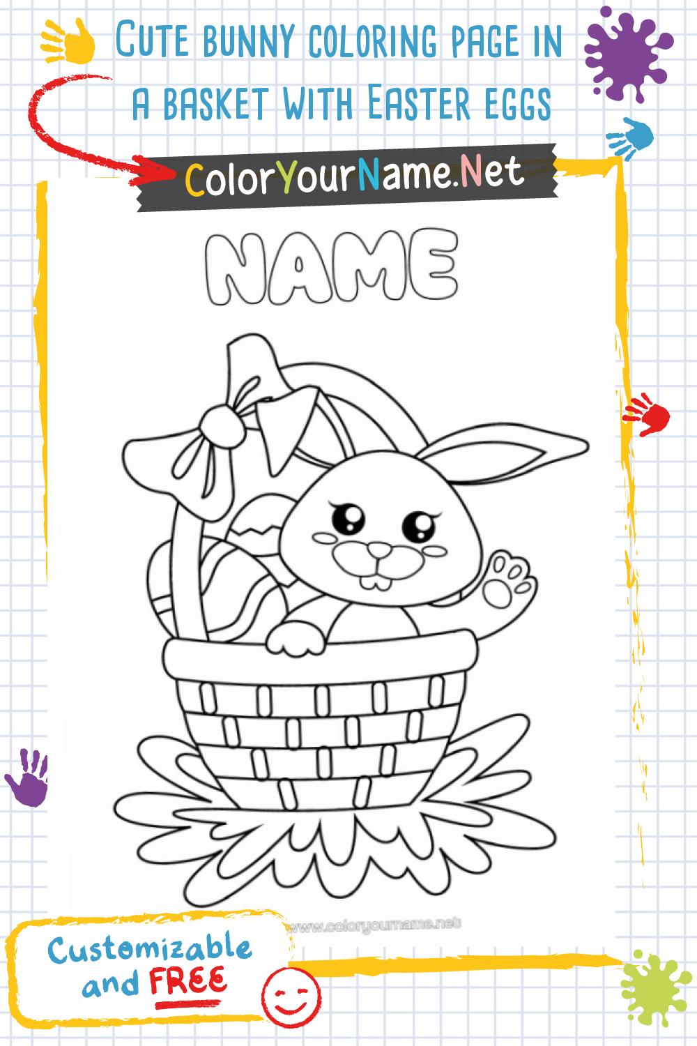 Cute bunny coloring page in a basket with Easter eggs