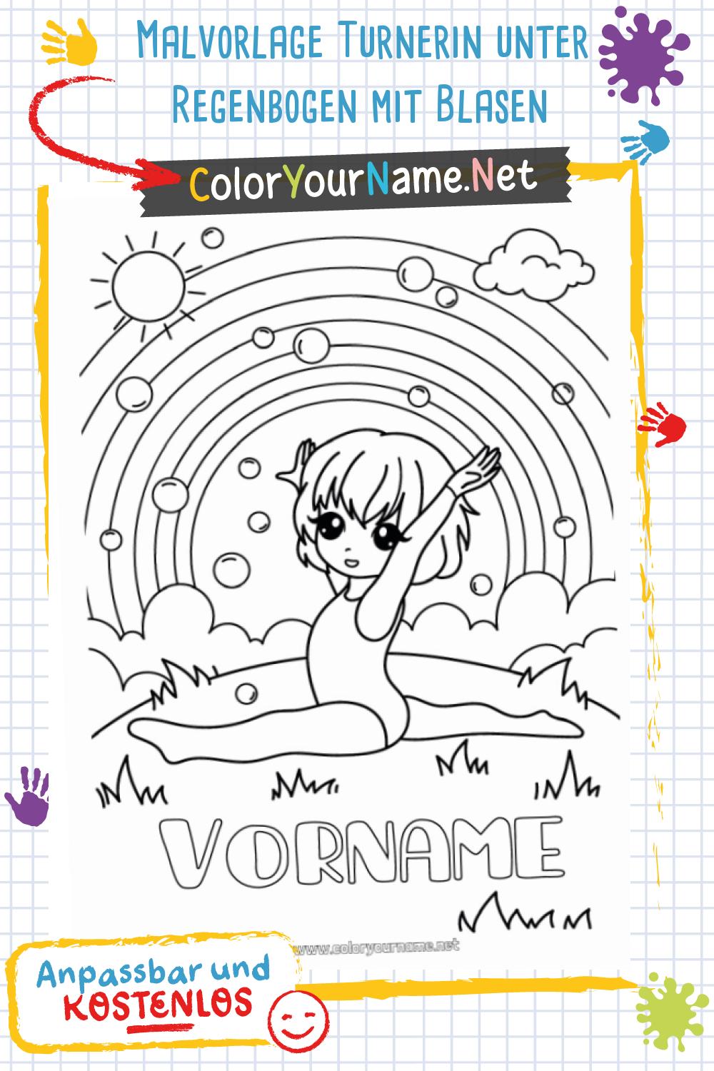 Malvorlage Turnerin unter Regenbogen mit Blasen