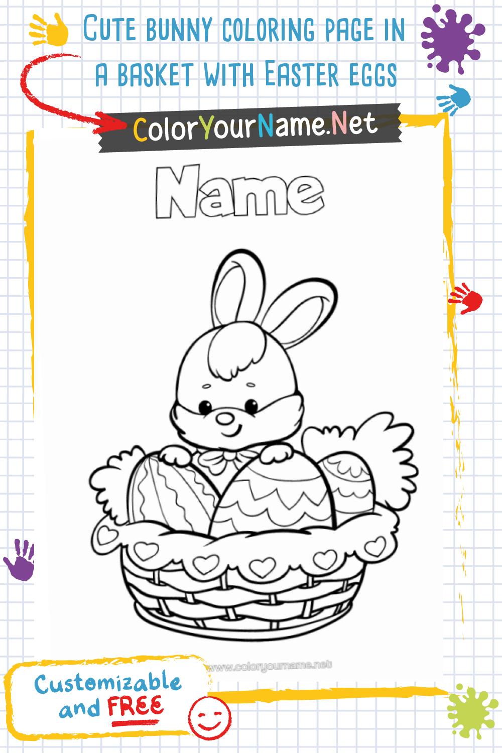 Cute bunny coloring page in a basket with Easter eggs