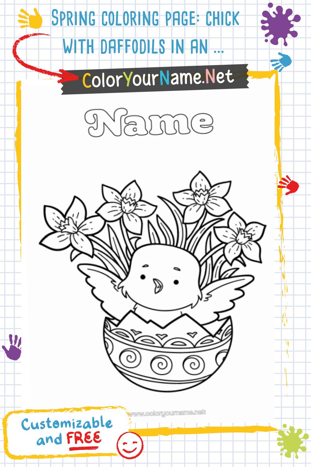Spring coloring page: chick with daffodils in an egg shell