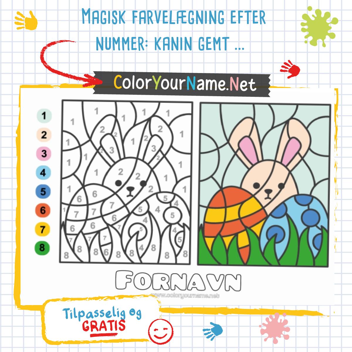 Magisk farvelægning efter nummer: kanin gemt bag påskeæg.