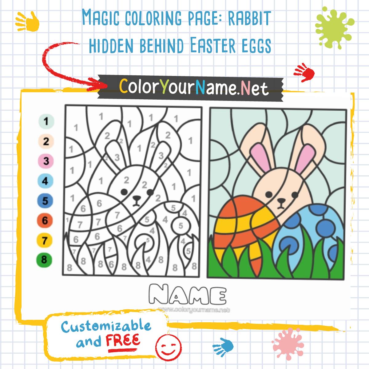 Magic coloring page: rabbit hidden behind Easter eggs