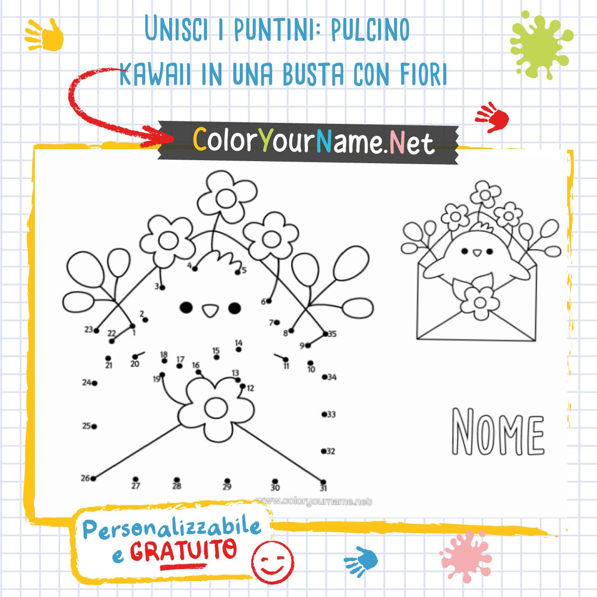 Unisci i puntini: pulcino kawaii in una busta con fiori