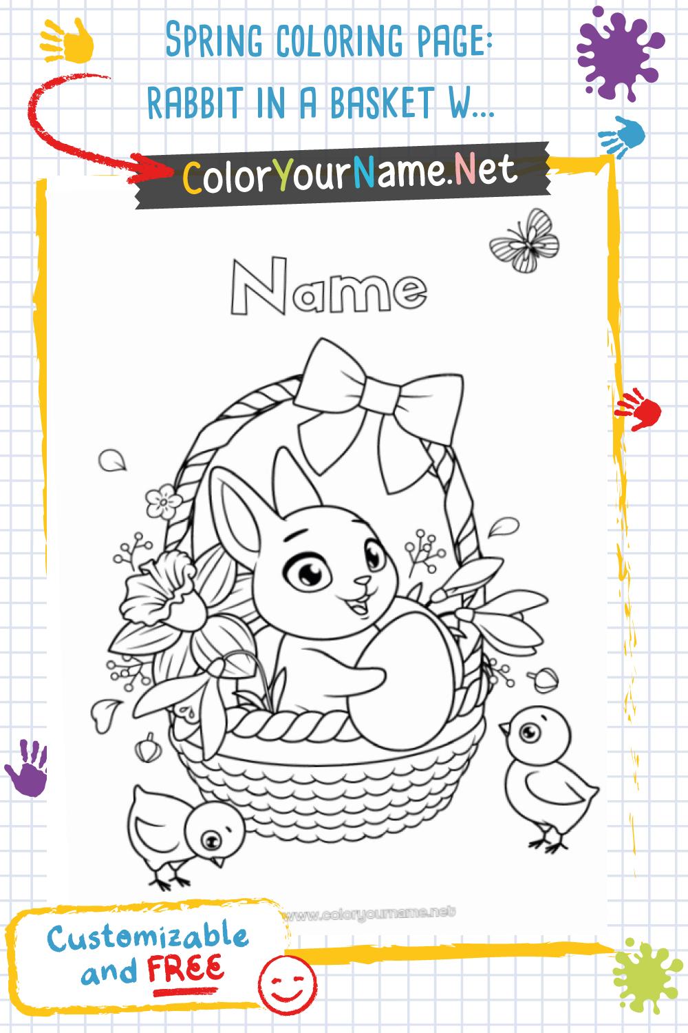 Spring coloring page: rabbit in a basket with flowers and chicks