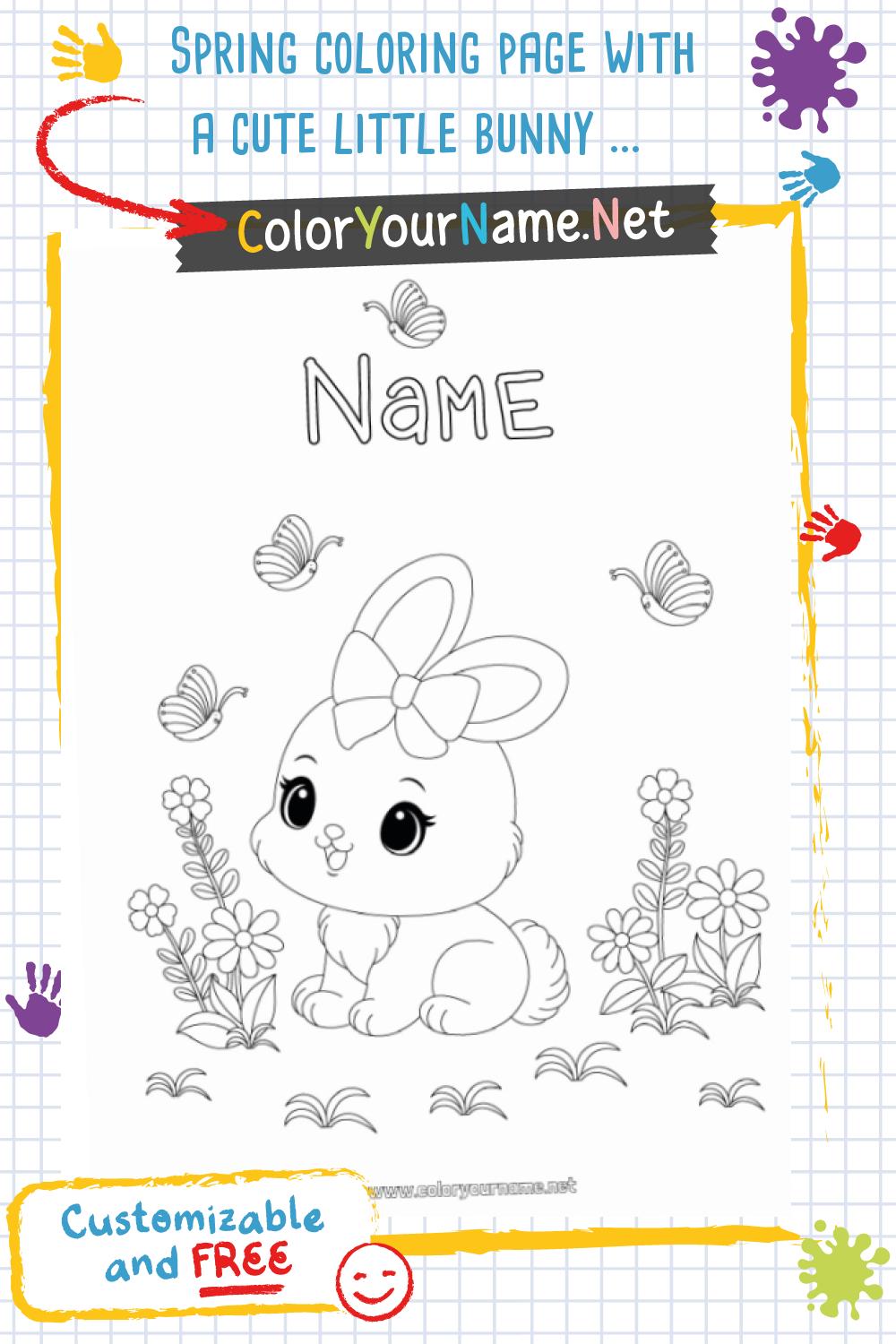 Spring coloring page with a cute little bunny and butterflies