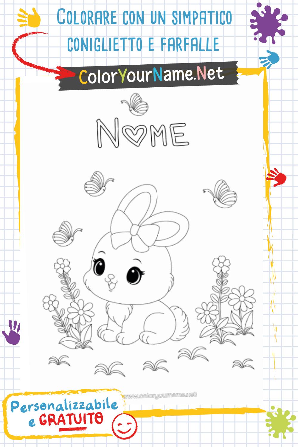 Colorare con un simpatico coniglietto e farfalle