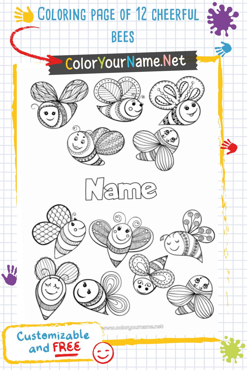 Coloring page of 12 cheerful bees