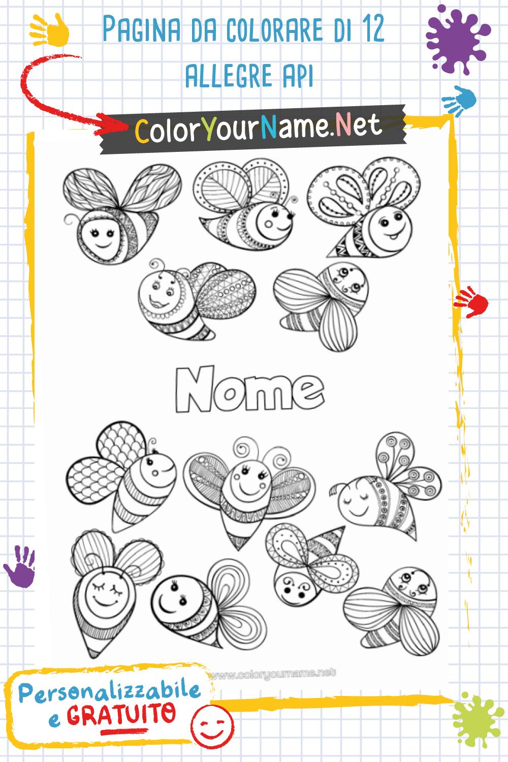 Pagina da colorare di 12 allegre api