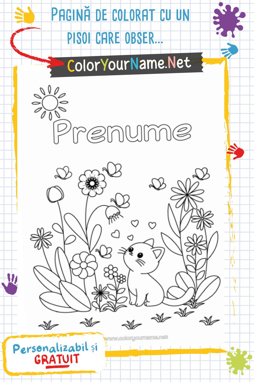 Pagină de colorat cu un pisoi care observă fluturi.