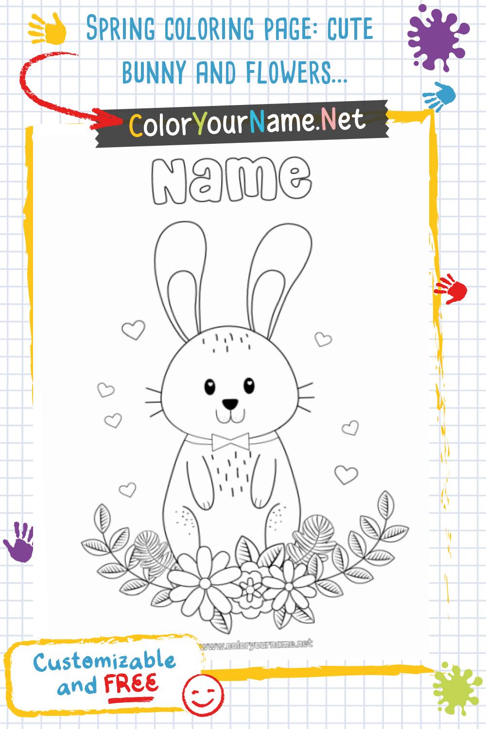 Spring coloring page: cute bunny and flowers to customize