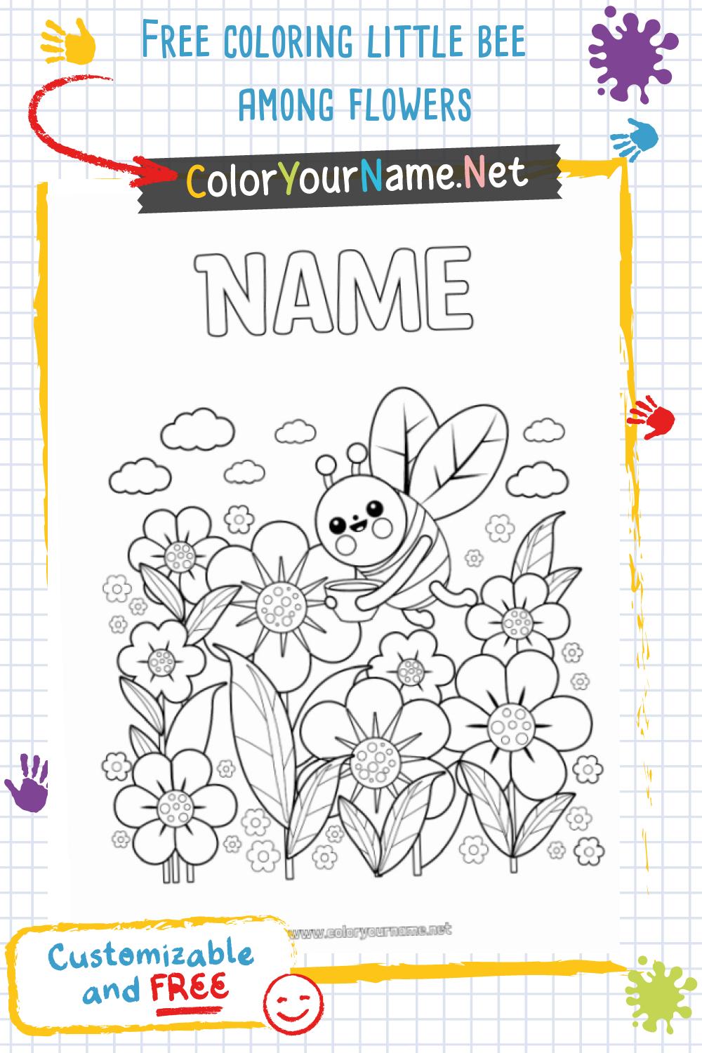 Free coloring little bee among flowers