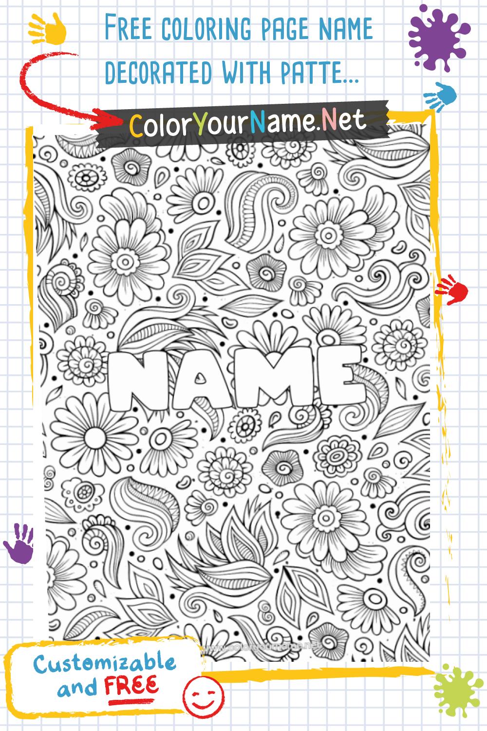 Free coloring page name decorated with patterns flowers and leaves
