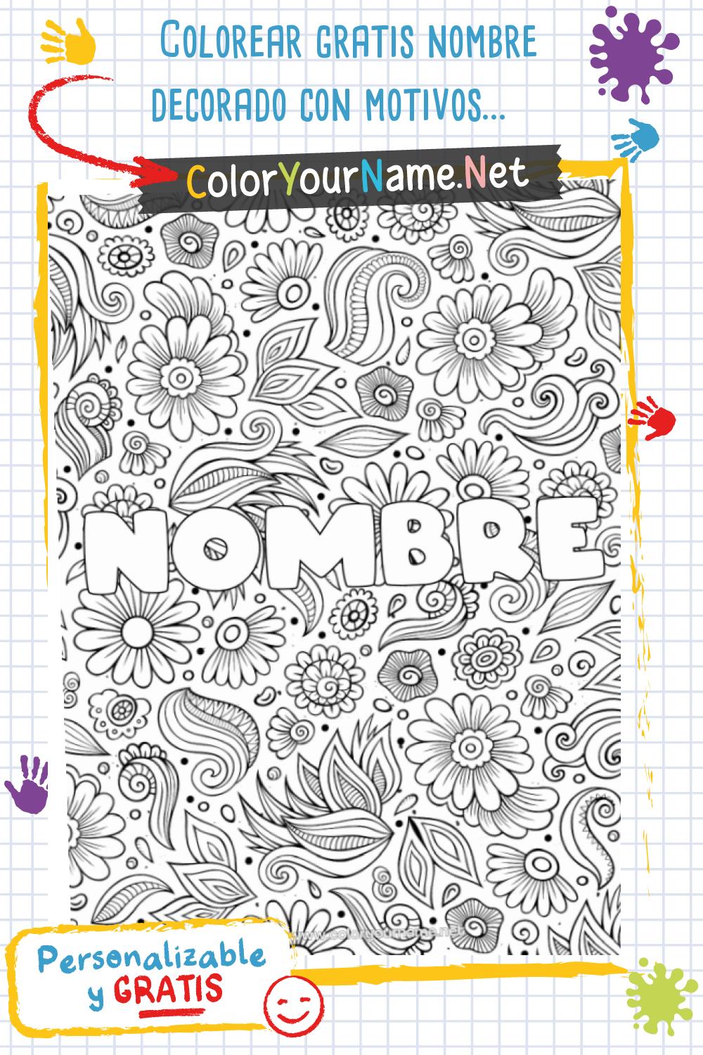 Colorear gratis nombre decorado con motivos de flores y hojas