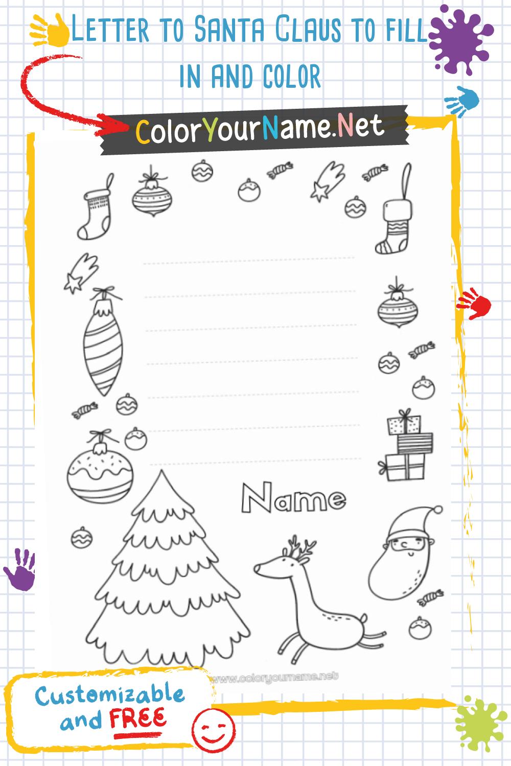 Letter to Santa Claus to fill in and color