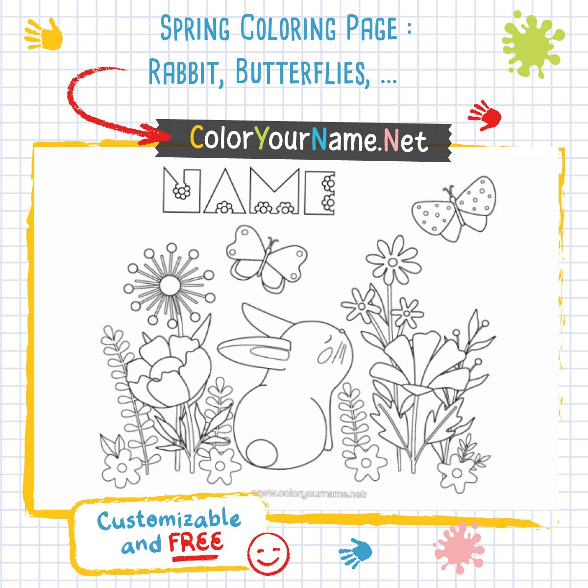 Spring Coloring Page : Rabbit, Butterflies, and Flowers