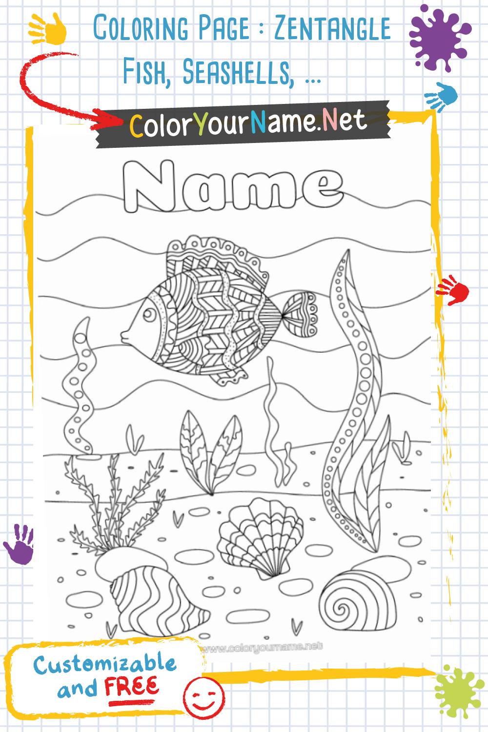 Coloring Page : Zentangle Fish, Seashells, and Seaweed