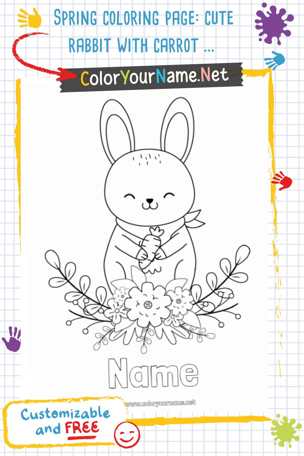 Spring coloring page: cute rabbit with carrot and flowers