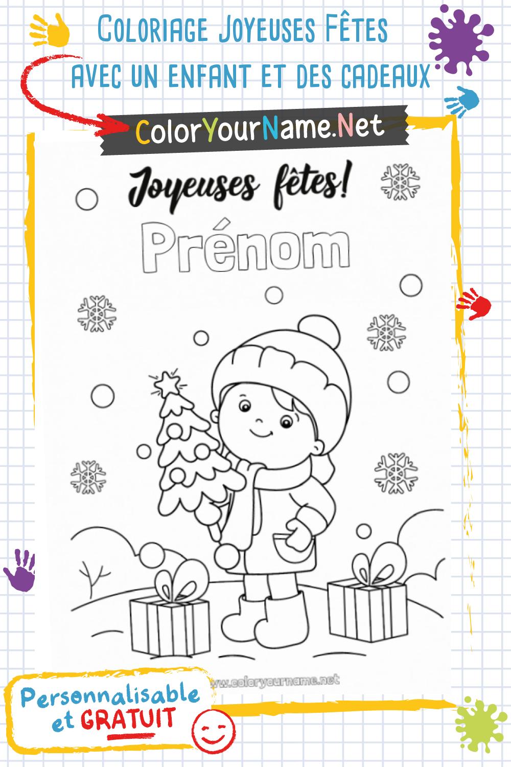 Coloriage Joyeuses Fêtes avec un enfant et des cadeaux