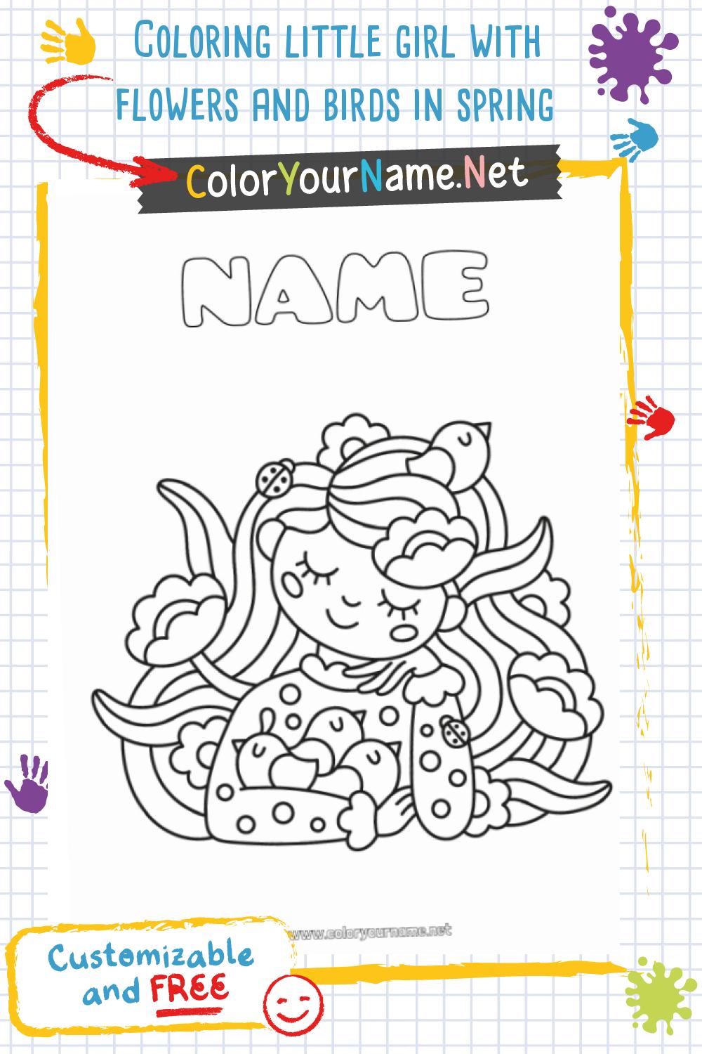 Coloring little girl with flowers and birds in spring