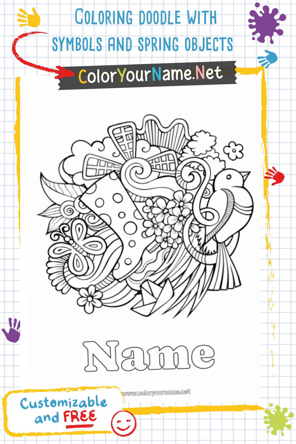 Coloring doodle with symbols and spring objects
