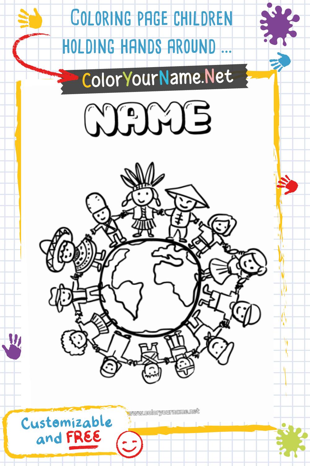 Coloring page children holding hands around the Earth