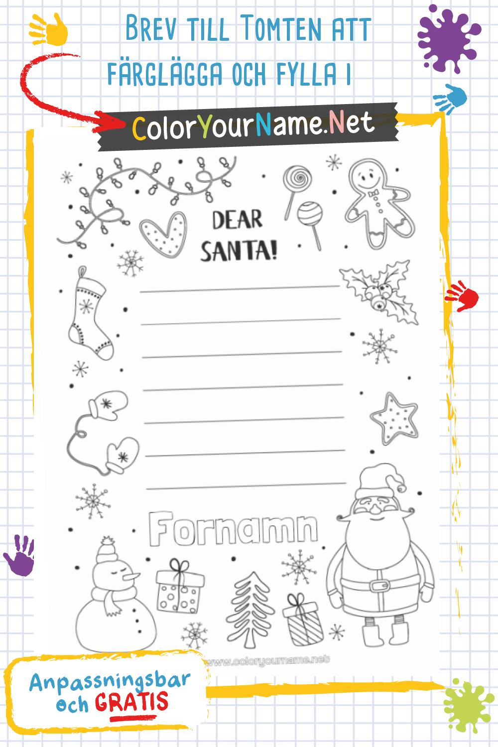 Brev till Tomten att färglägga och fylla i