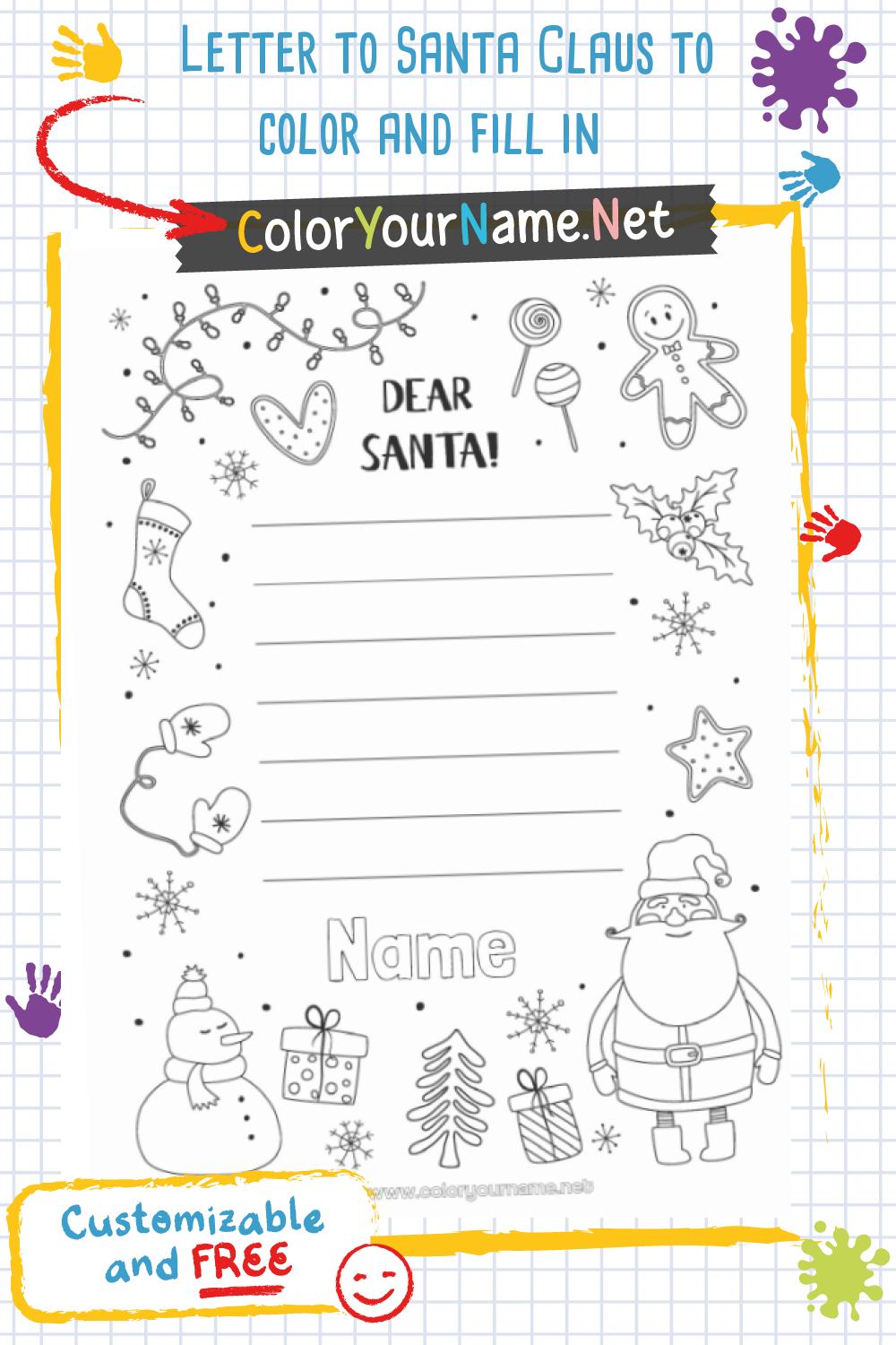 Letter to Santa Claus to color and fill in