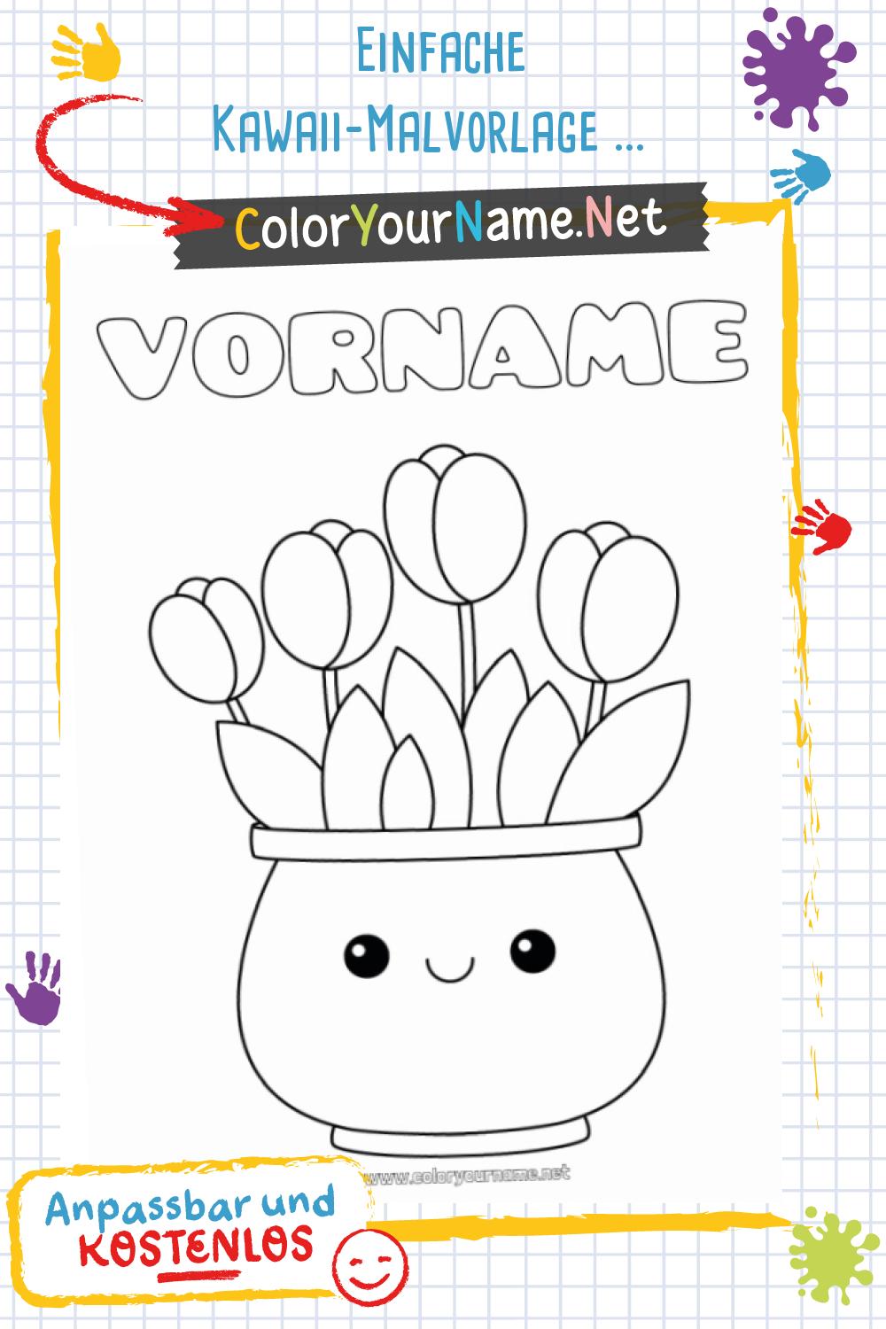 Einfache Kawaii-Malvorlage : 4 Tulpen in einem Topf