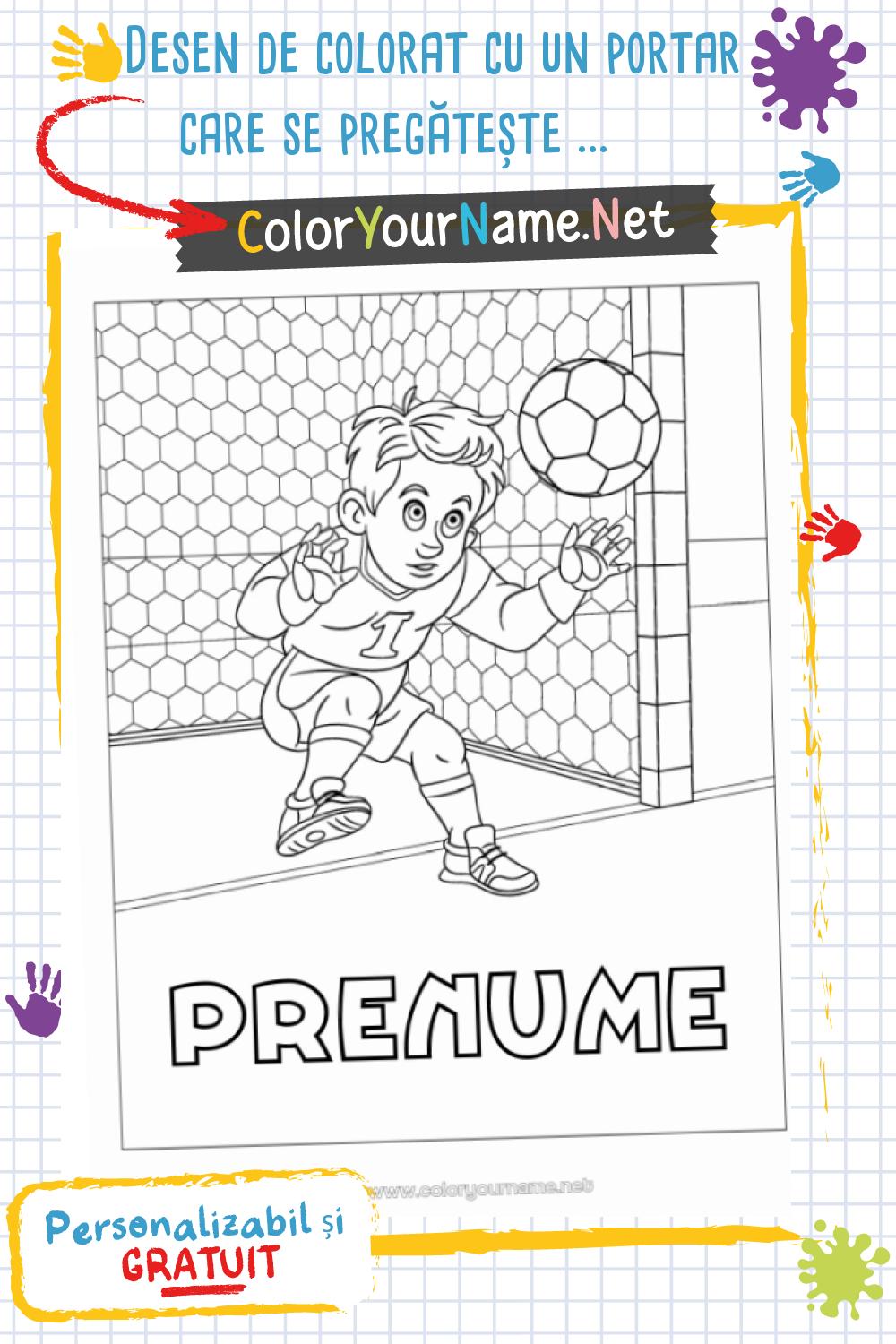 Desen de colorat cu un portar care se pregătește să facă o apărare.