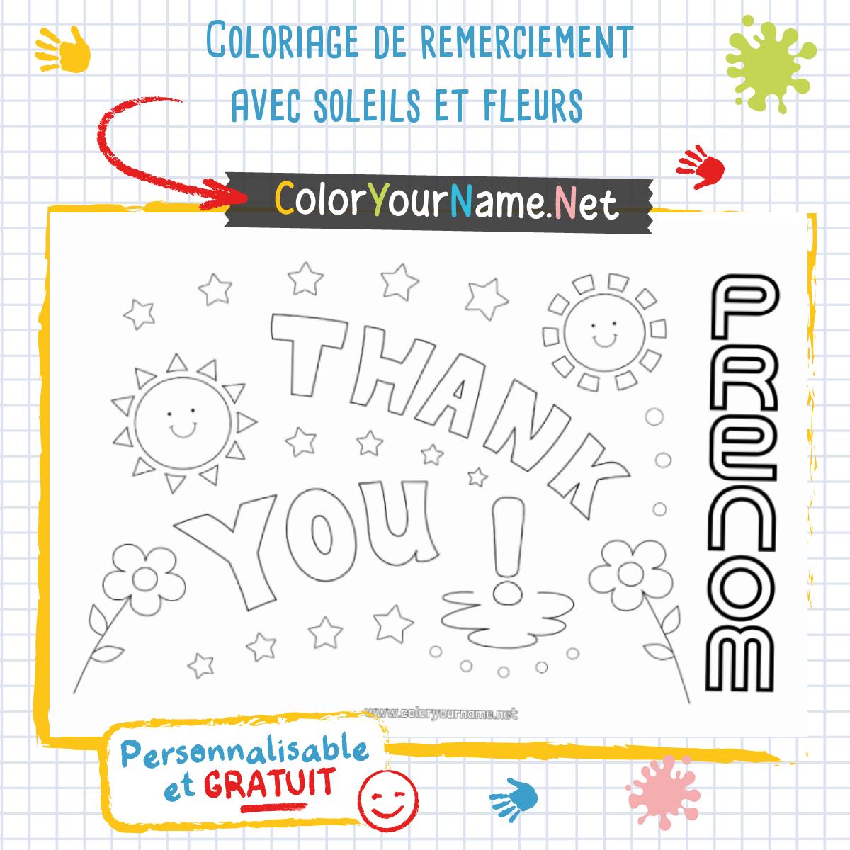 Coloriage de remerciement avec soleils et fleurs