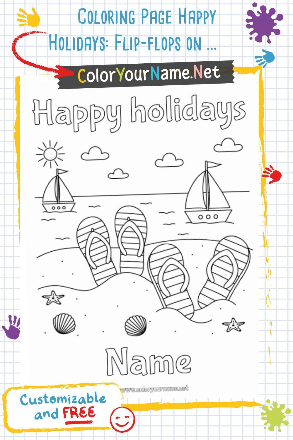 Coloring Page Happy Holidays: Flip-flops on the beach.