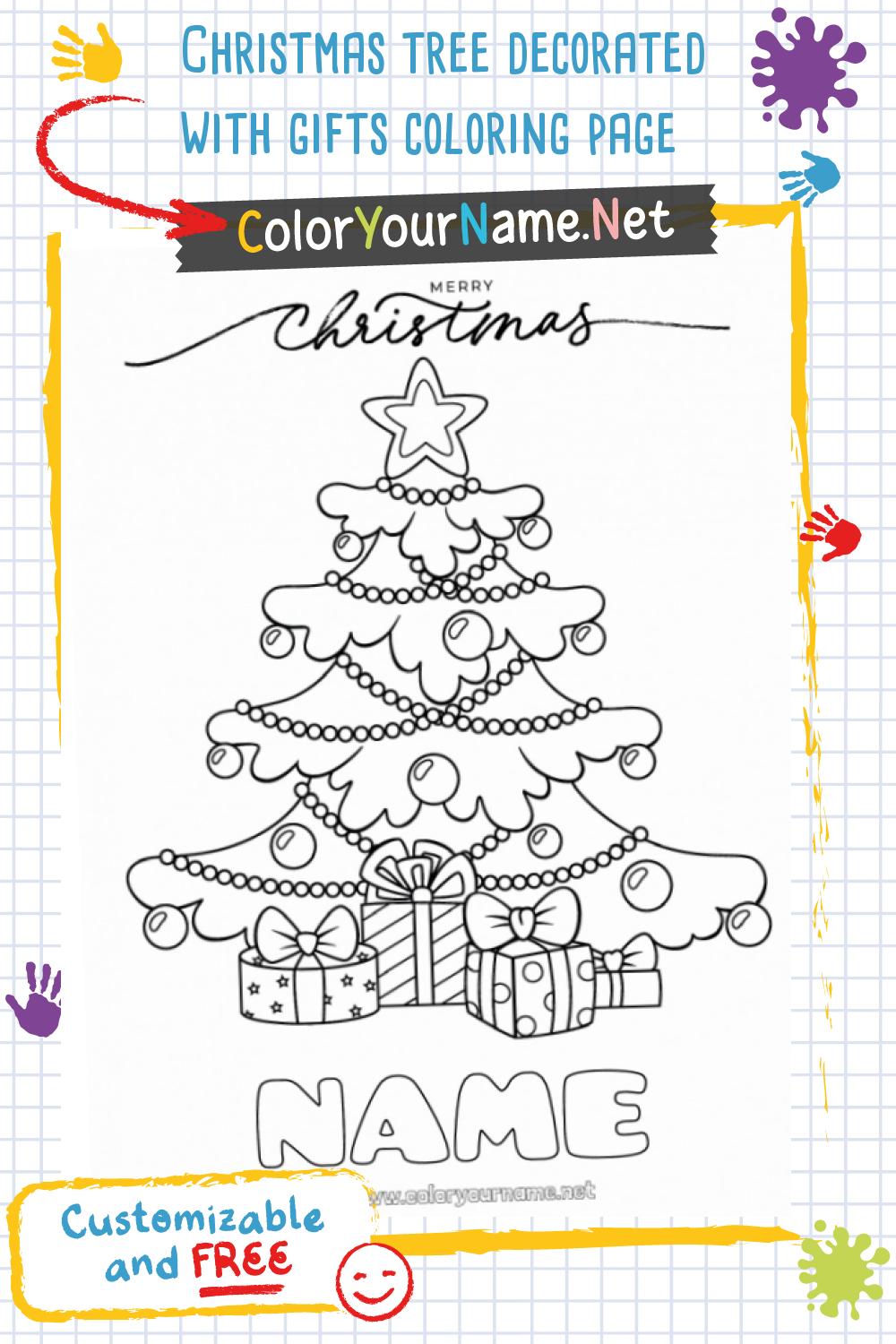 Christmas tree decorated with gifts coloring page