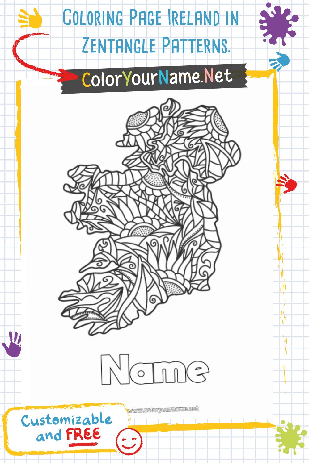 Coloring Page Ireland in Zentangle Patterns.