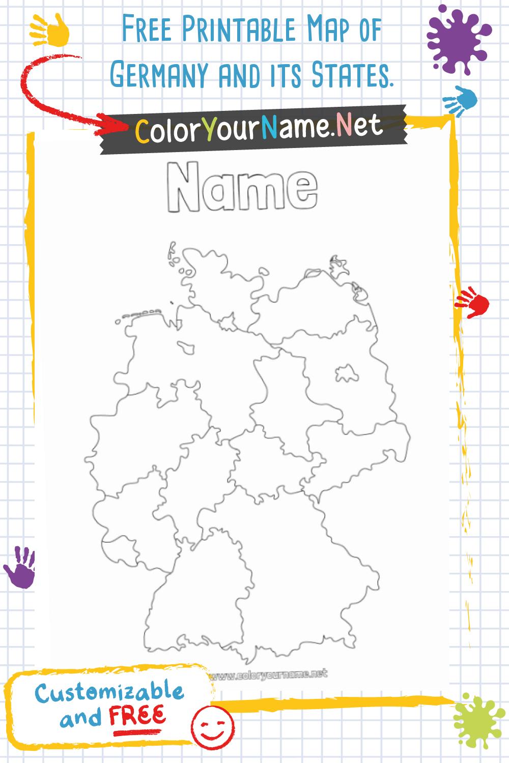 Free Printable Map of Germany and its States.